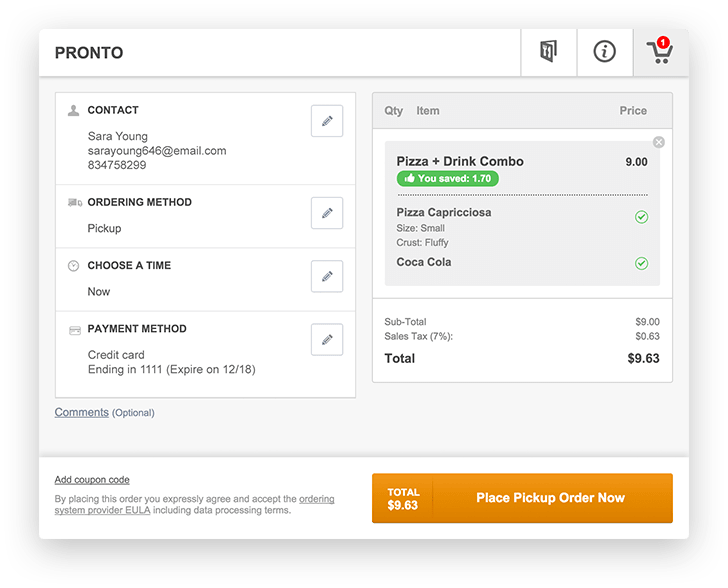 Restaurant ordering system with online menu