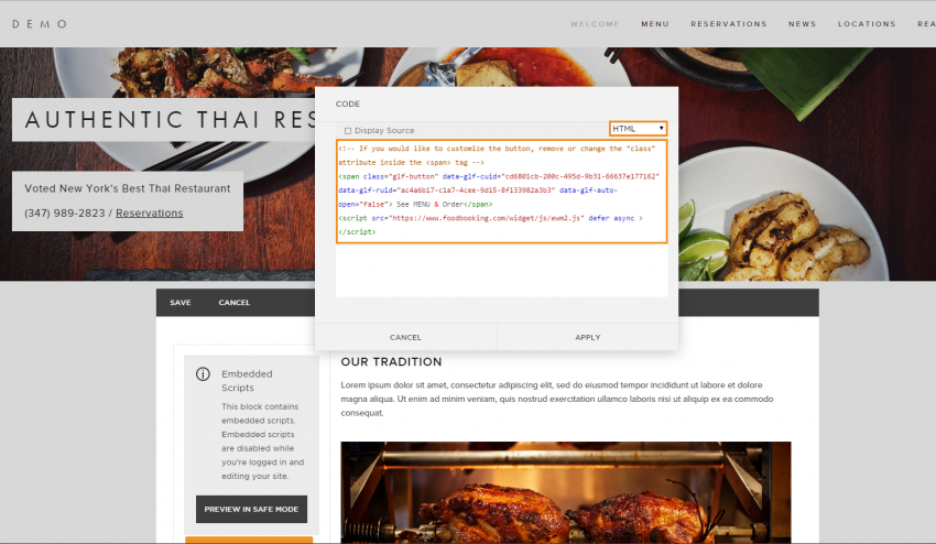 Adding the online ordering button in Squarespace